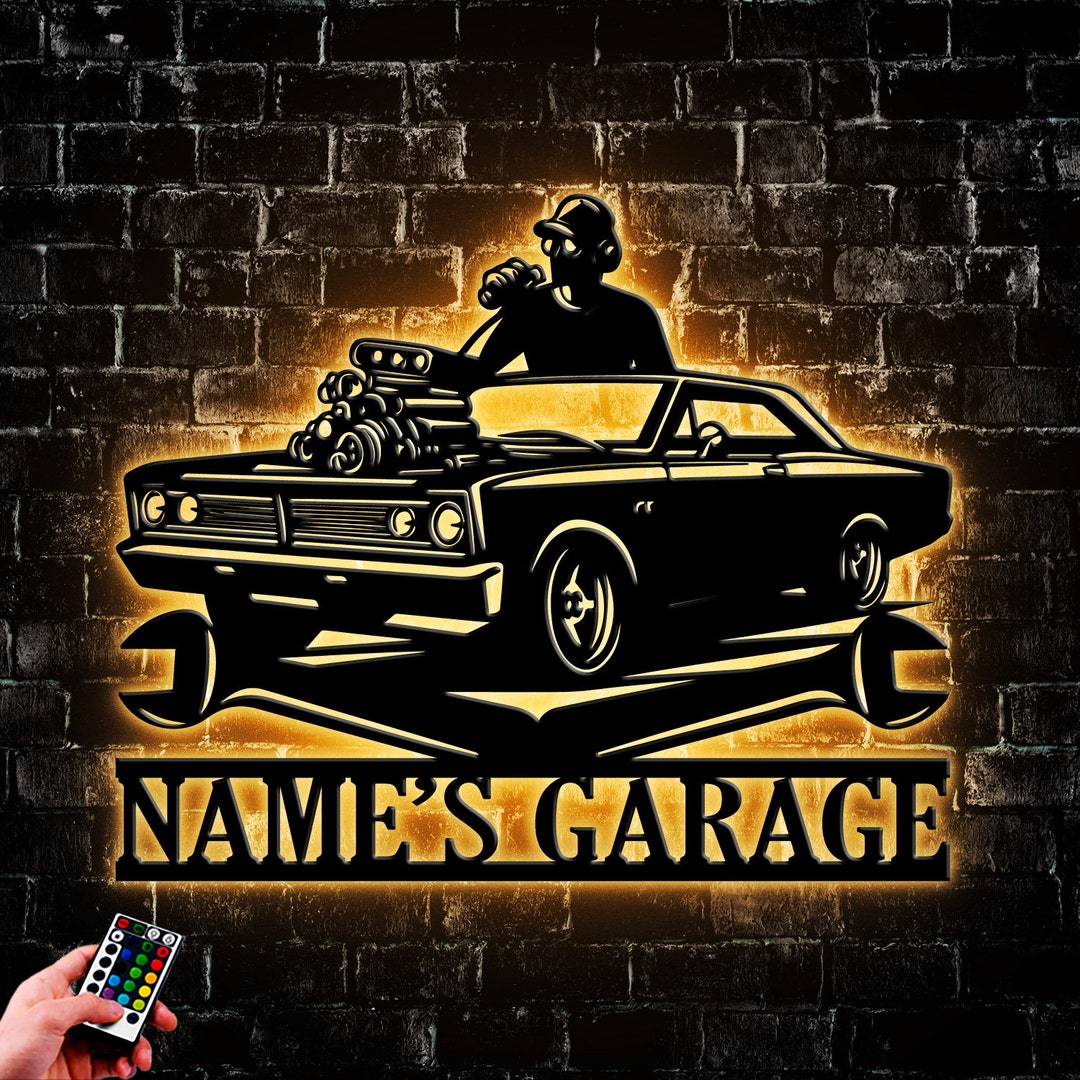 Custom Garage Metal Wall Art LED Light, Personalized Machinist Name ...