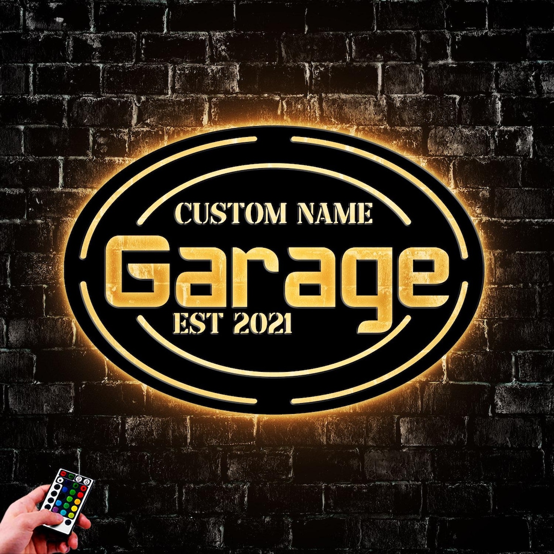 Custom Garage Metal Wall Art LED Light, Personalized Garage Name Sign ...