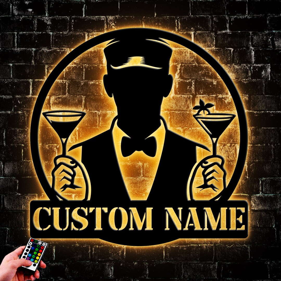 Custom Beverage Metal Wall Art Led Light, Personalized Bartender Name ...