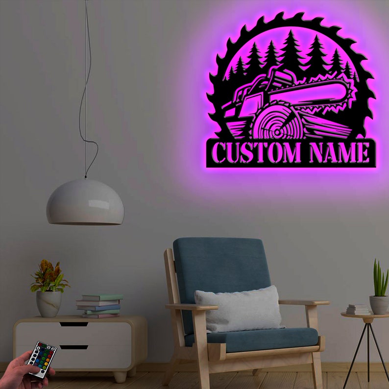 Custom Chainsaw Wood Metal Wall Art LED Light, Personalized Woodworker ...