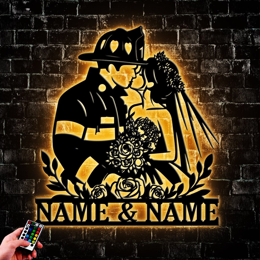 Custom Firefighter Couple Metal Wall Art LED Light, Personalized ...