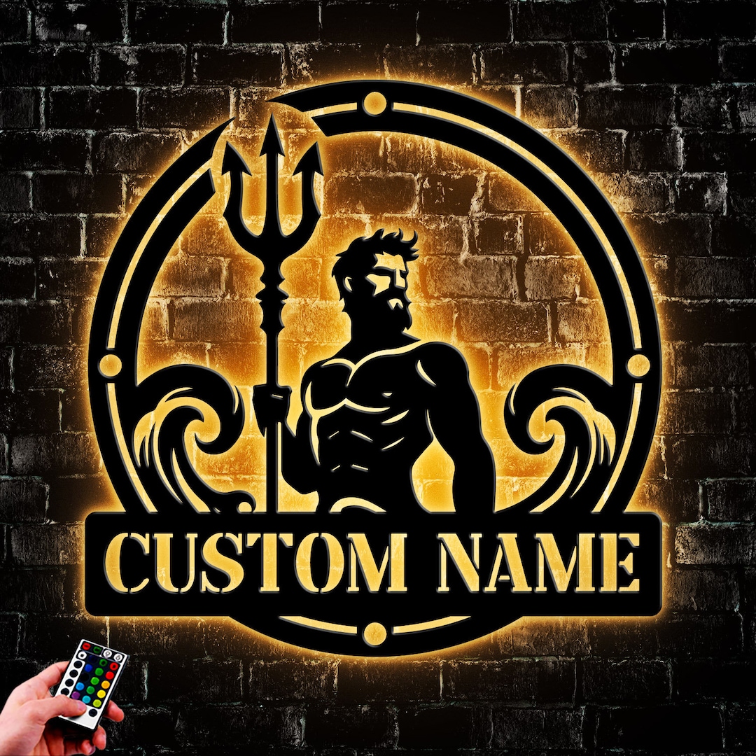 Custom Poseidon Trident Metal Wall Art Led Light, Personalized Greek ...