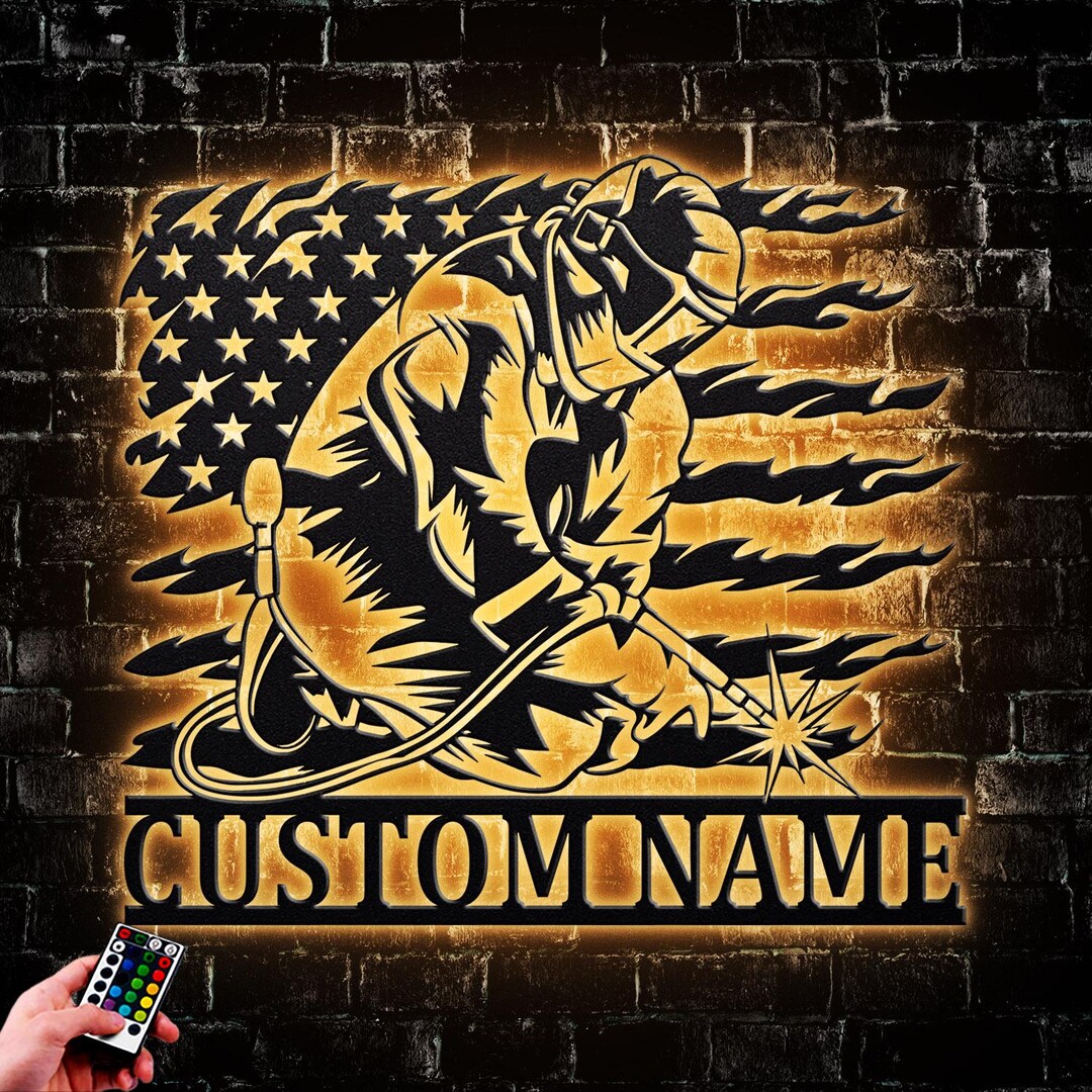 Personalized Welder With USA Flag Metal Wall Art With Led Lights ...