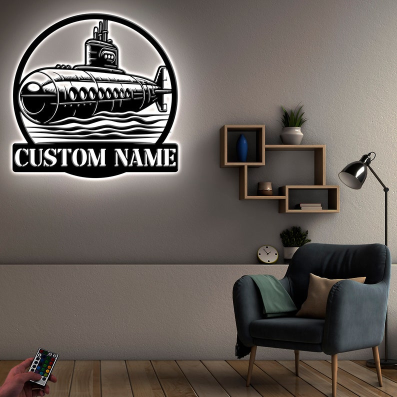 Custom Submarine Metal Wall Art Led Light, Personalized Sailor Name ...