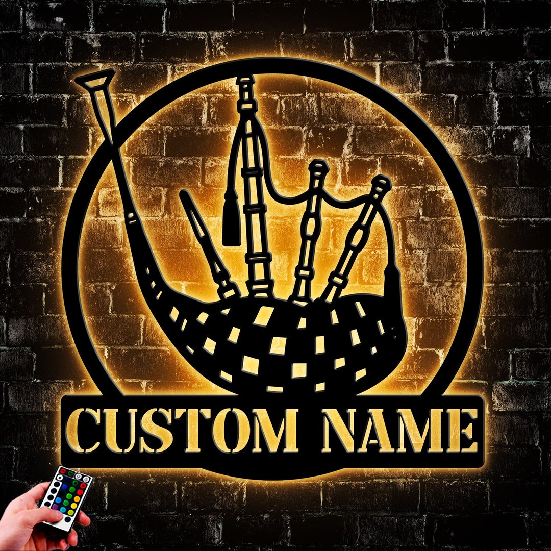 Custom Bagpipes Metal Wall Art LED Light, Personalized Bagpiper Name ...