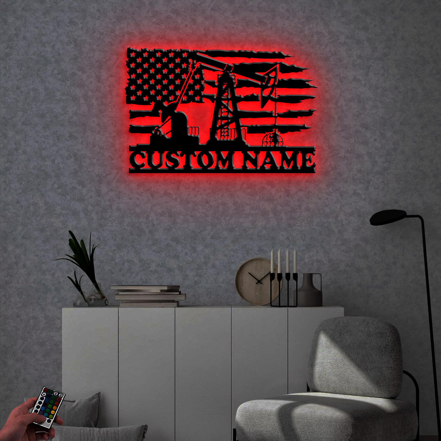 Custom US Flag Oil Rig Metal Wall Art LED Light, Personalized Oil Field ...