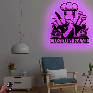 Custom Cook Metal Wall Art Led Light, Personalized Chef Name Sign Home ...