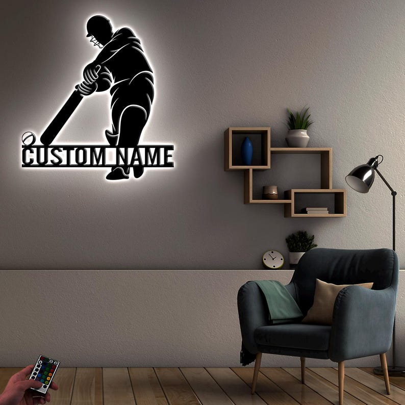 Custom Cricket Metal Wall Art LED Light, Personalized Cricket Player ...