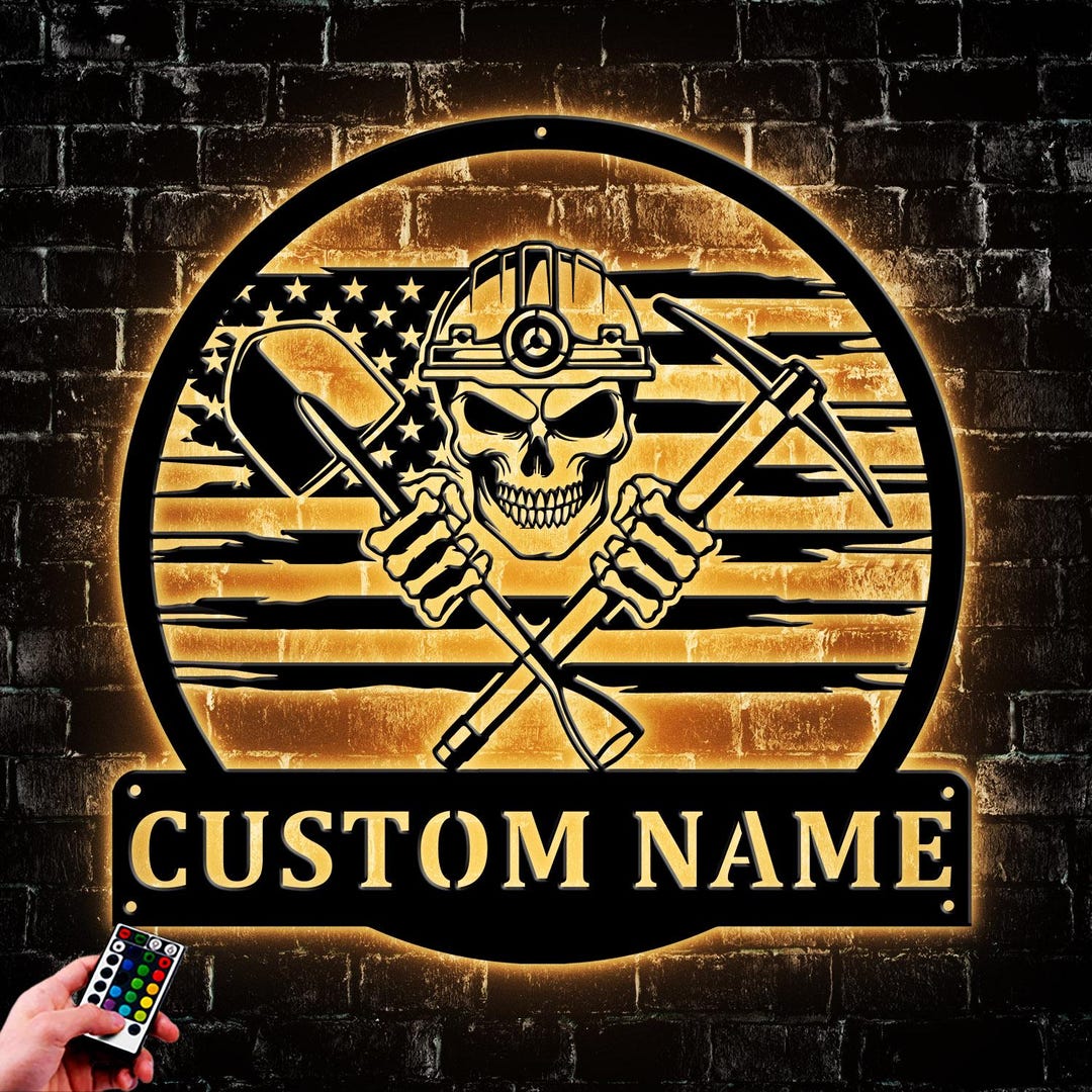 Personalized Coal Miner Skull Metal Wall Art With LED Lights - Etsy