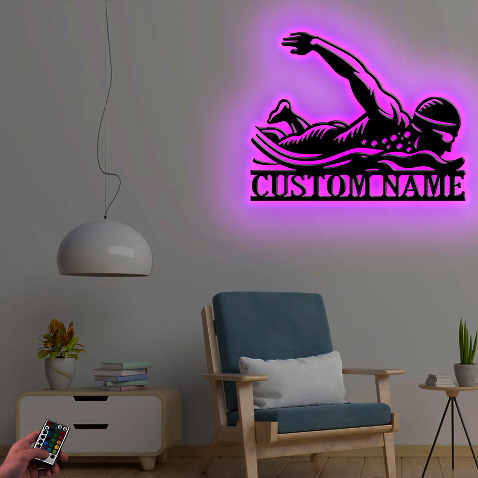 Custom Swimming Metal Wall Art Led Light, Personalized Swimmer Name ...