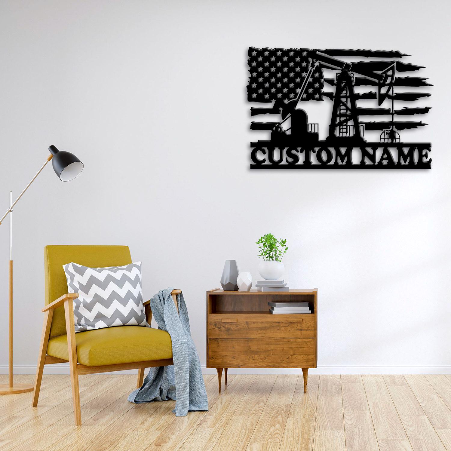 Custom US Flag Oil Rig Metal Wall Art LED Light, Personalized Oil Field ...