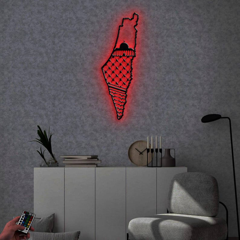 Palestine Map Metal Wall Art Led Light, Free Gaza Palestinian Art Home ...
