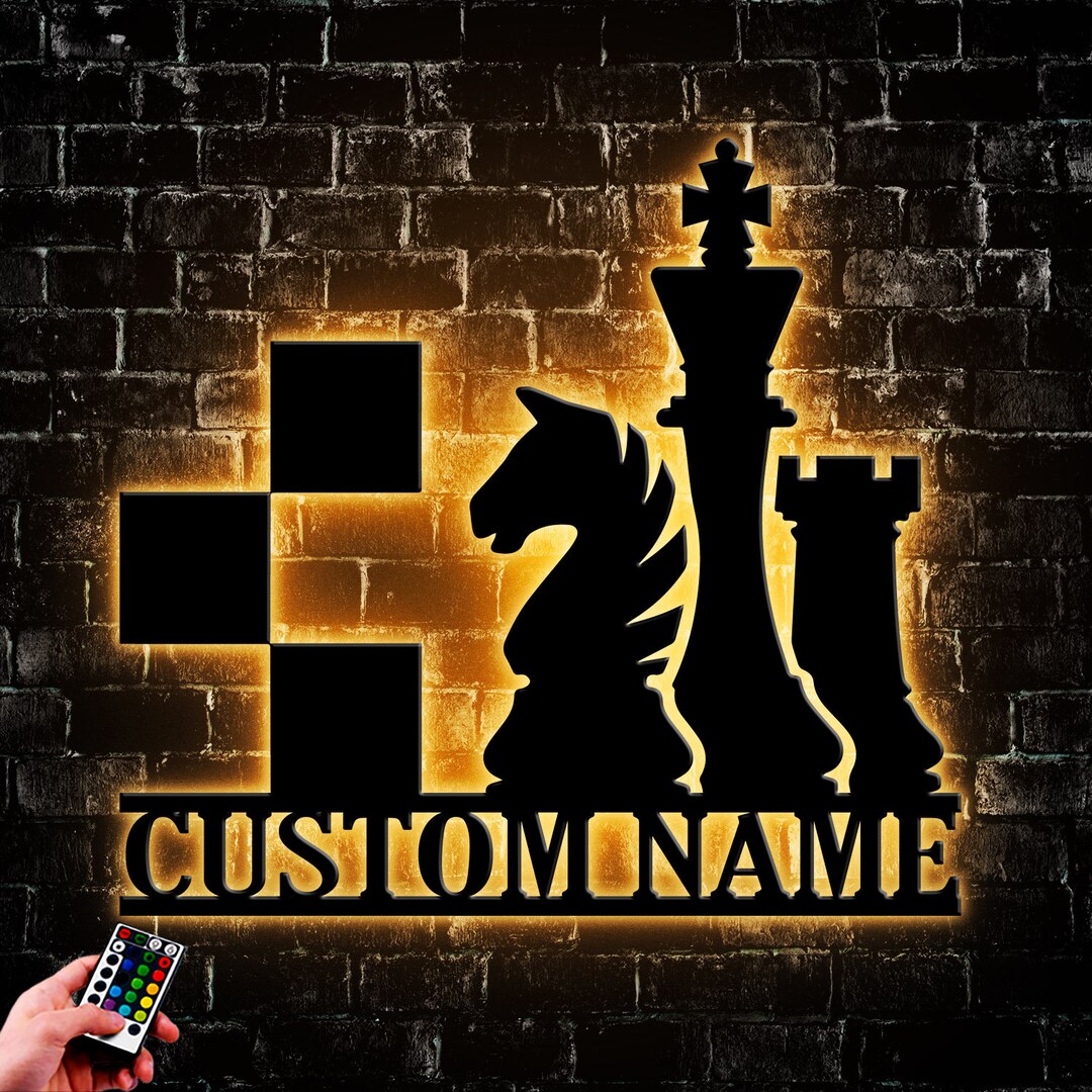 Custom Chess Metal Wall Art Led Light, Personalized Chess Player Name ...