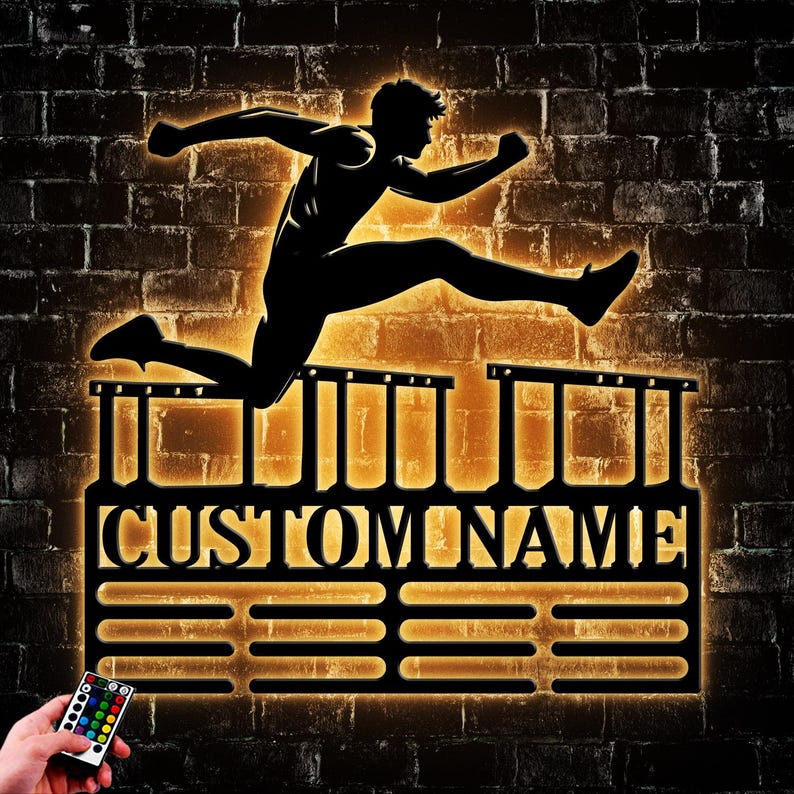 Custom Hurdles Running Medal Holder LED Light, Personalized Hurdle ...
