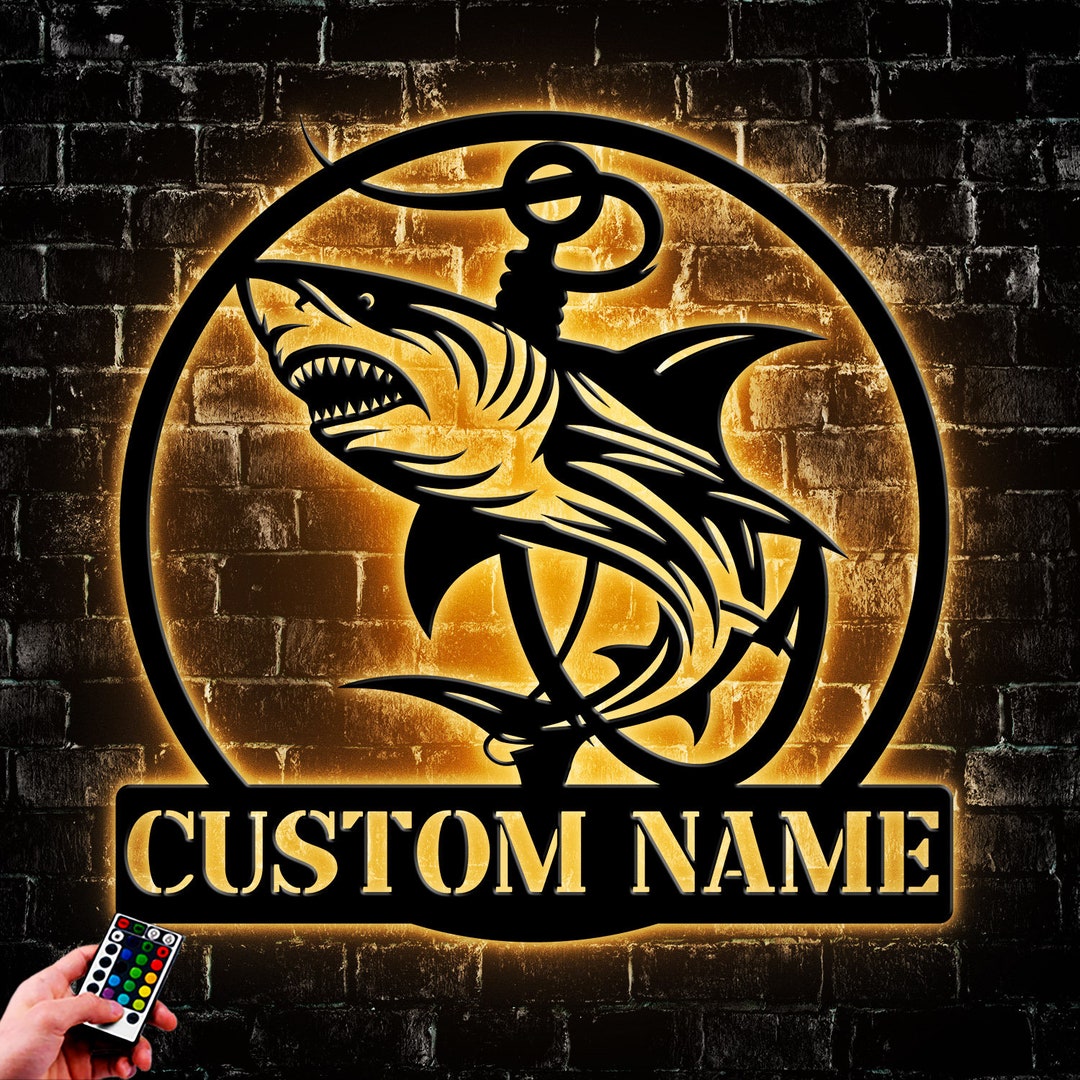 Custom Shark Hook Metal Wall Art LED Light, Personalized Fishermen Name ...