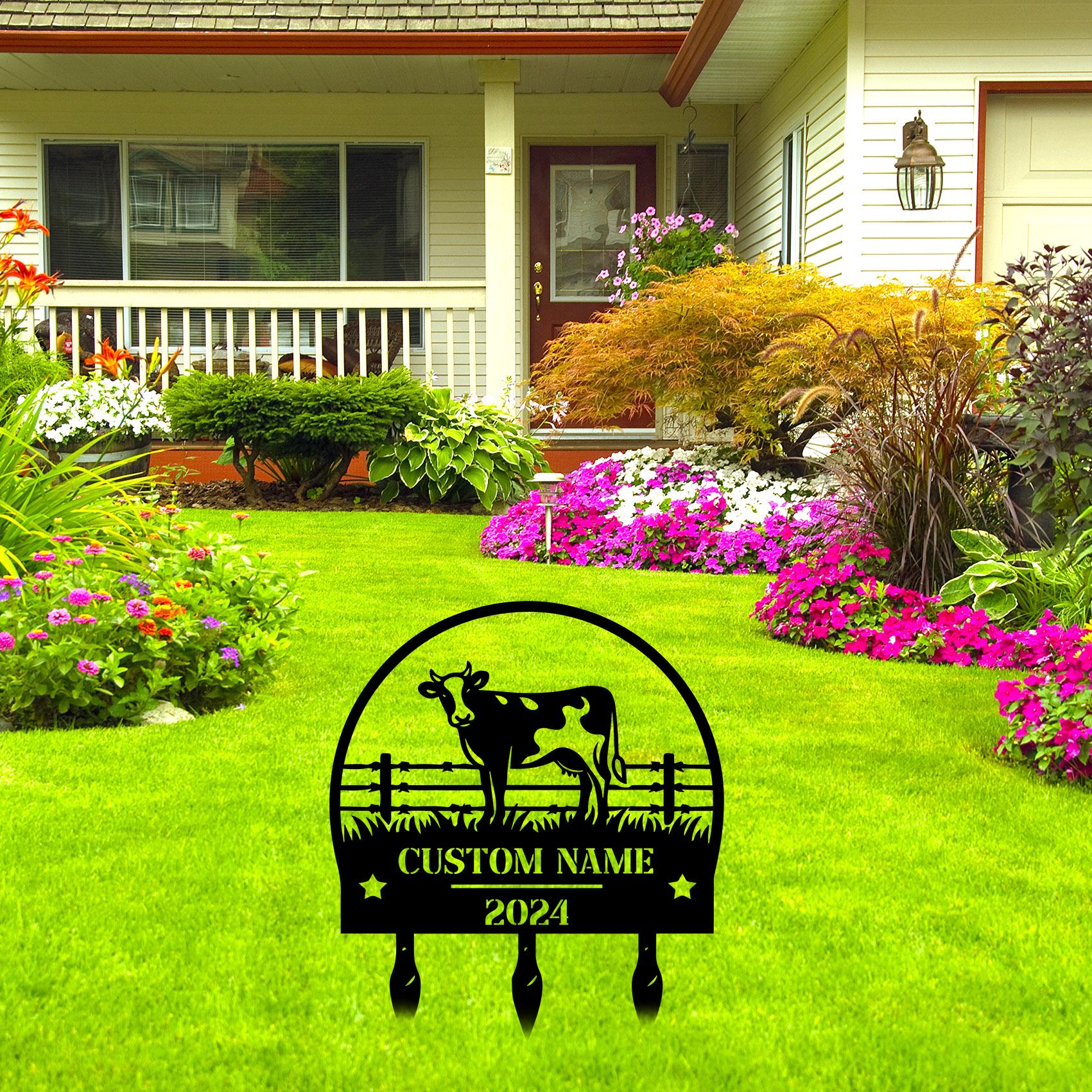 Custom Dairy Cow Garden Metal Sign, Personalized Gardener Name Sign ...