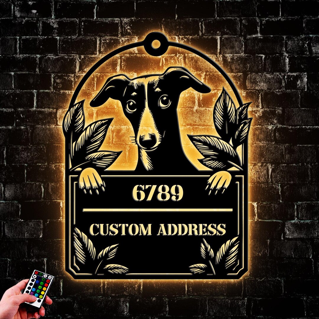 Custom Whippet Peeking Metal House Number LED Light, Personalized ...