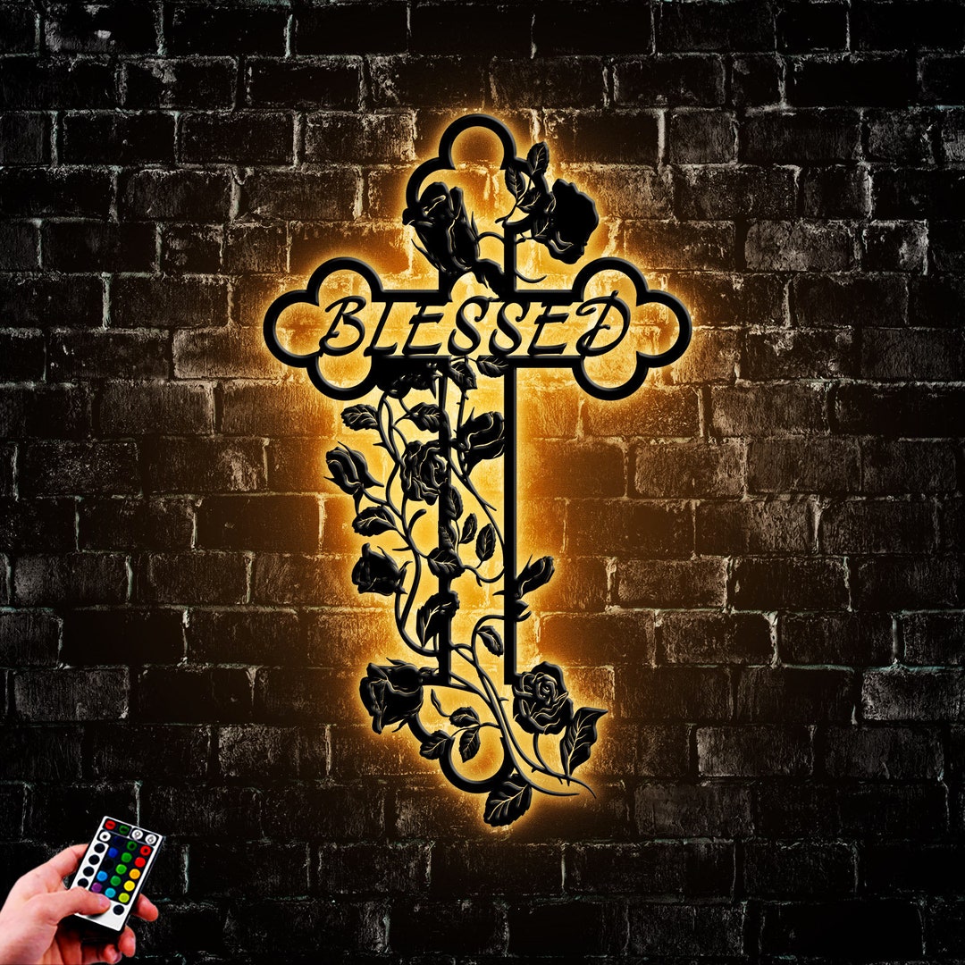 Blessed Cross Metal Wall Art LED Light, God Faith Cross Sign Home Decor ...