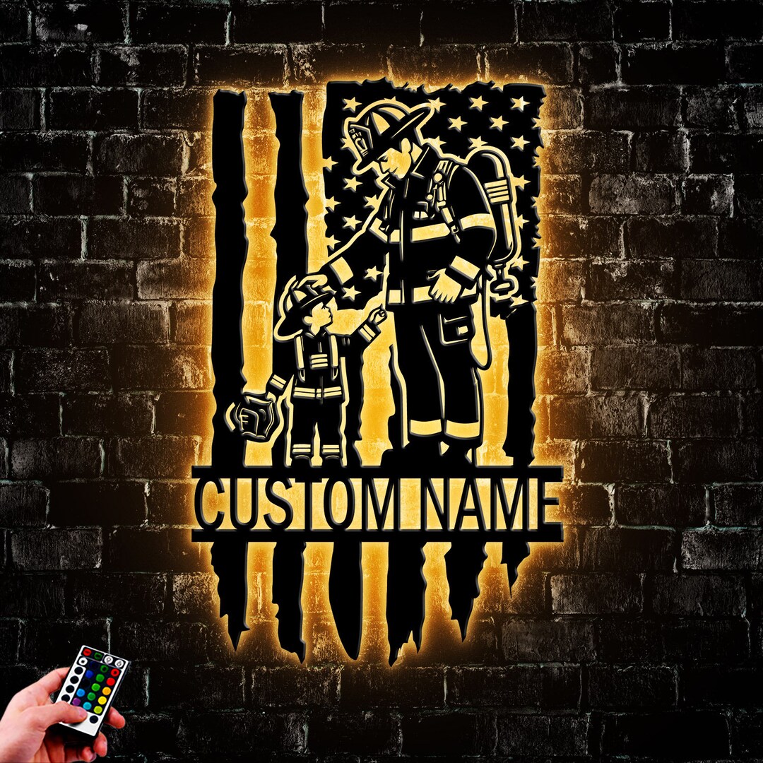 Custom Father & Son Firefighter Metal Wall Art Led Light, Personalized ...