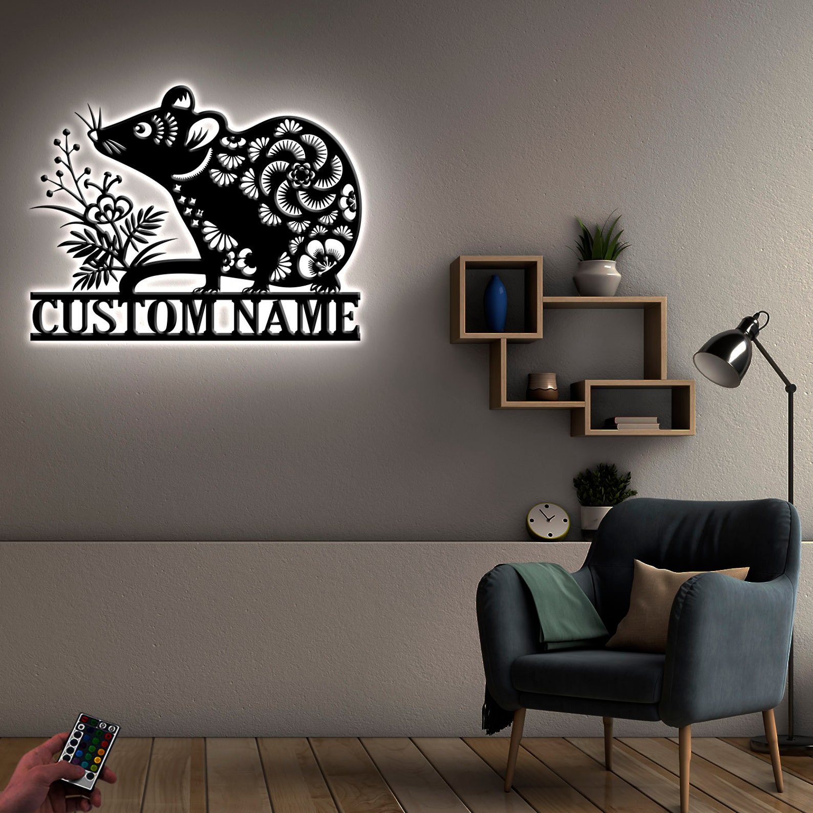 Custom Floral Rat Metal Wall Art Led Light, Personalized Wild Flower ...