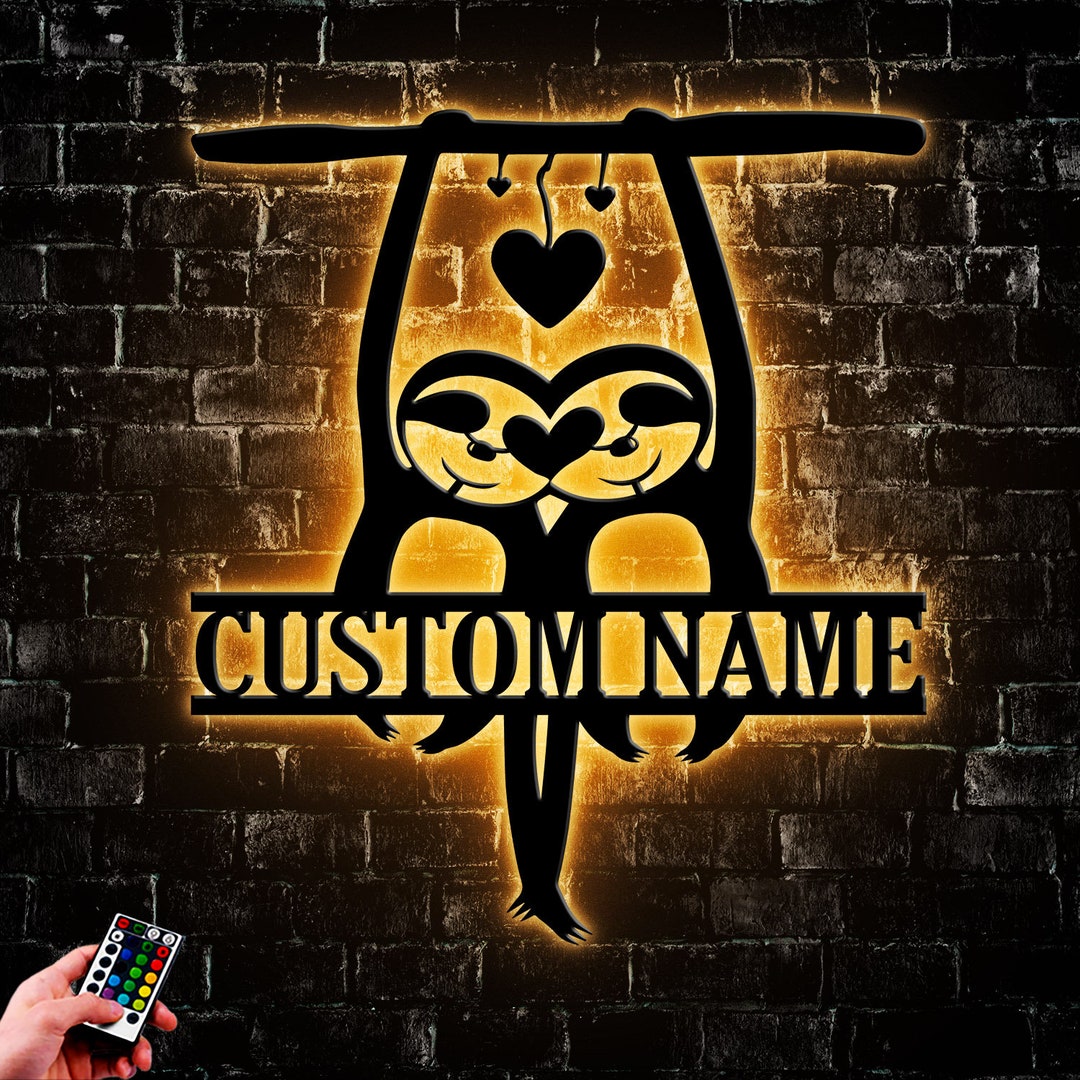 Custom Cute Couple Sloth Love Metal Wall Art LED Light, Personalized ...