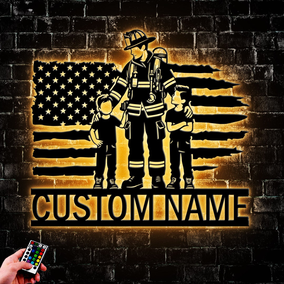 Custom Father & Son Firefighter Metal Wall Art Led Light, Personalized ...