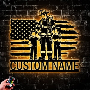 Custom Father & Son Firefighter Metal Wall Art Led Light, Personalized ...