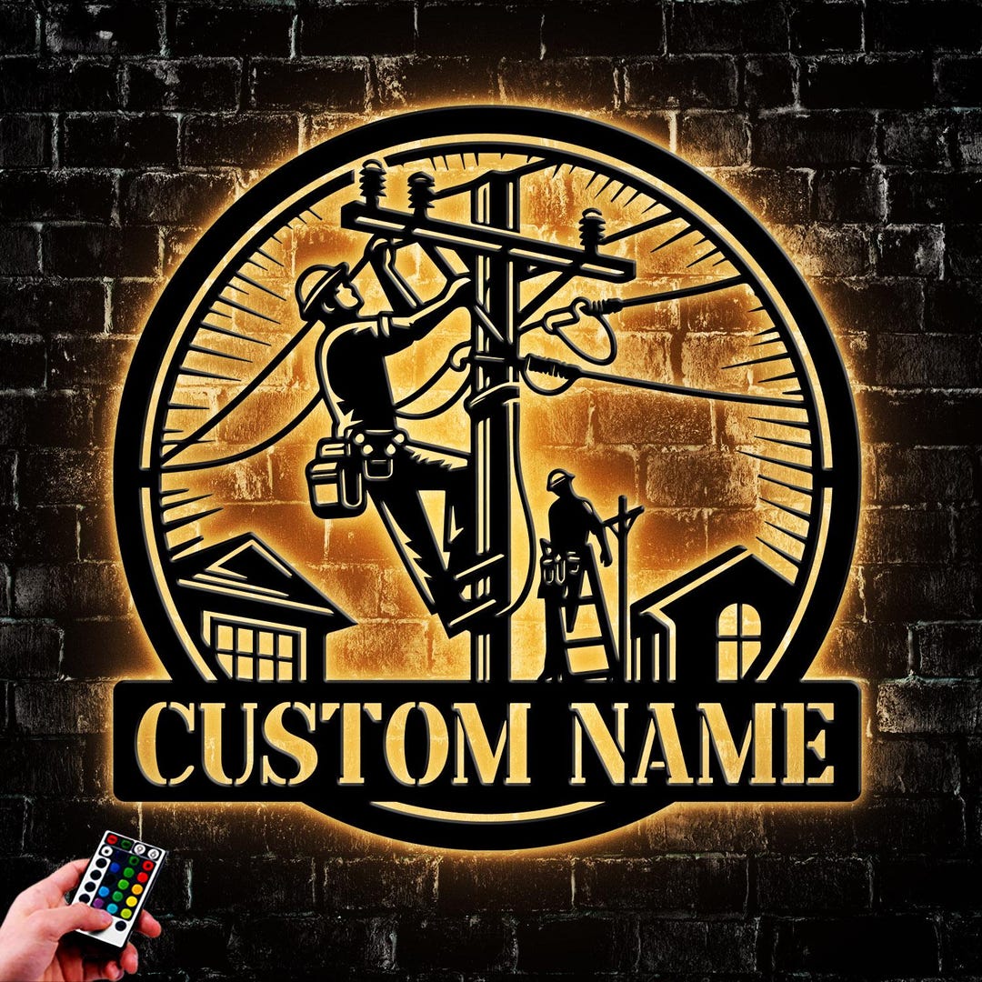 Custom Electrician Metal Wall Art LED Light, Personalized Lineman Name ...