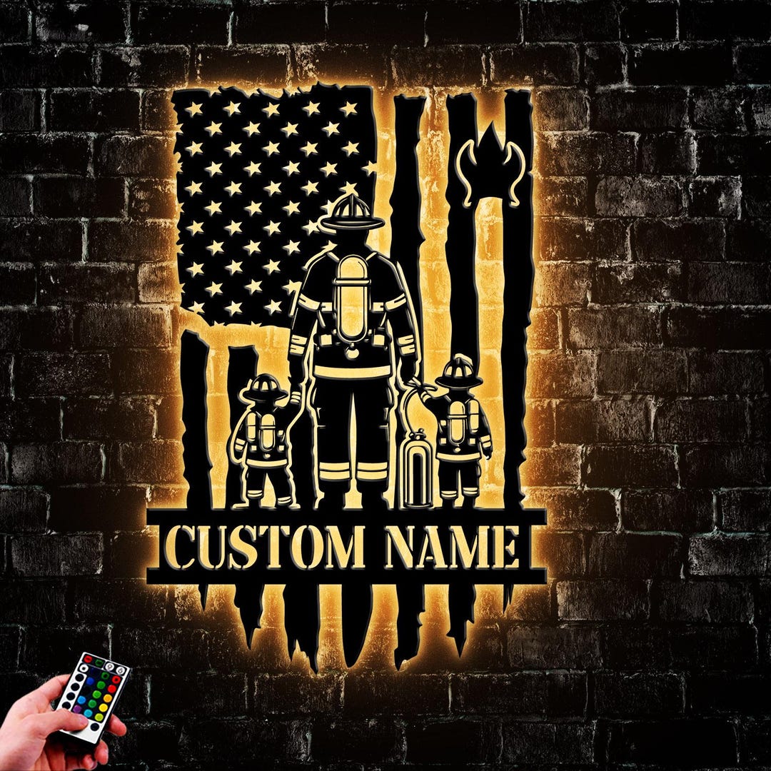 Custom Father & Son Firefighter Metal Wall Art LED Light, Personalized ...