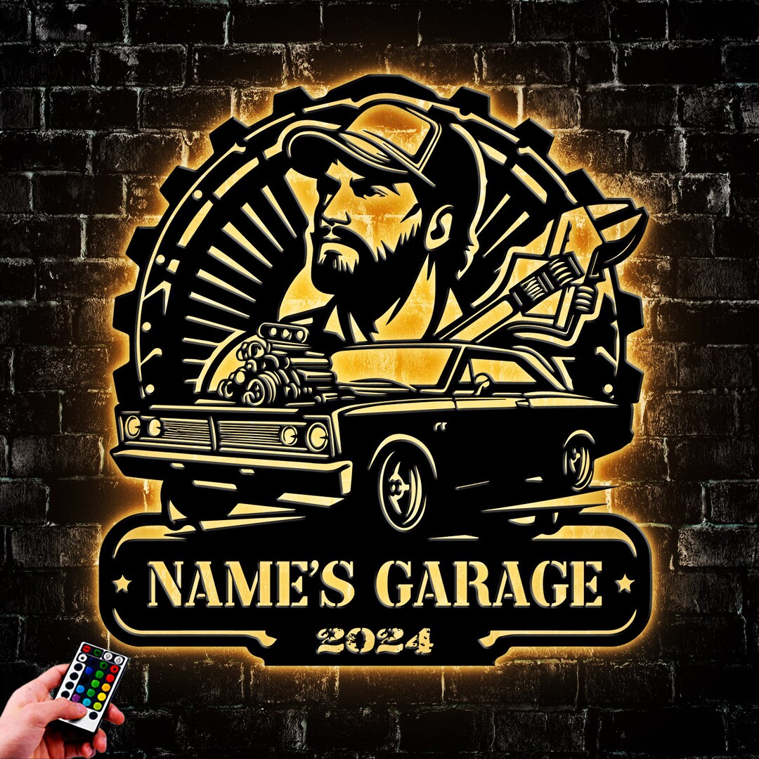 Custom Garage Metal Wall Art LED Light, Personalized Machinist Name ...