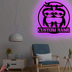 Custom Cute Couple Sloth Love Metal Wall Art LED Light, Personalized ...
