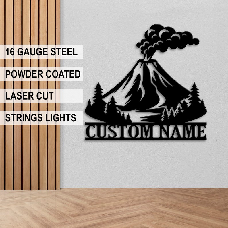 Custom Volcano Metal Wall Art LED Light, Personalized Nature Lover Name ...