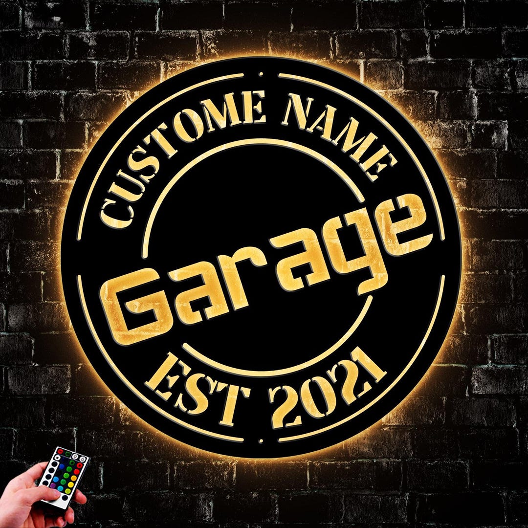 Custom Garage Metal Wall Art LED Light, Personalized Garage Name Sign ...