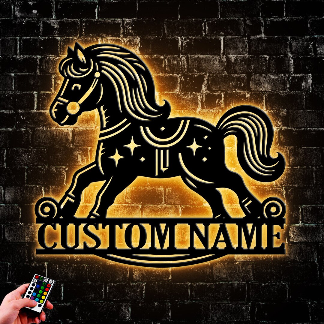 Custom Rocking Horse Metal Wall Art LED Light, Personalized Horse and ...