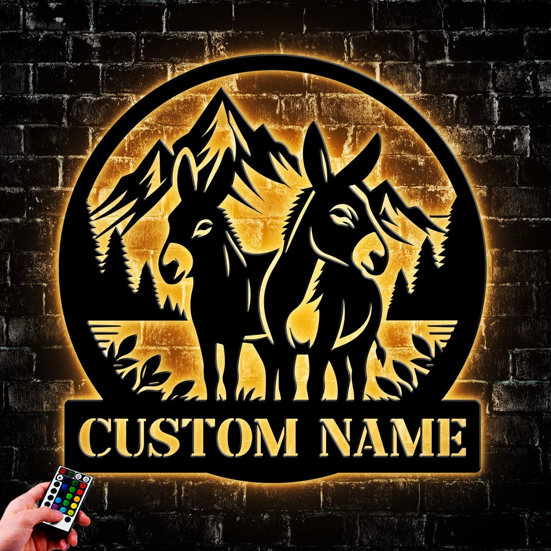 Custom Two Donkey Metal Wall Art Led Light, Personalized Animal Lover ...