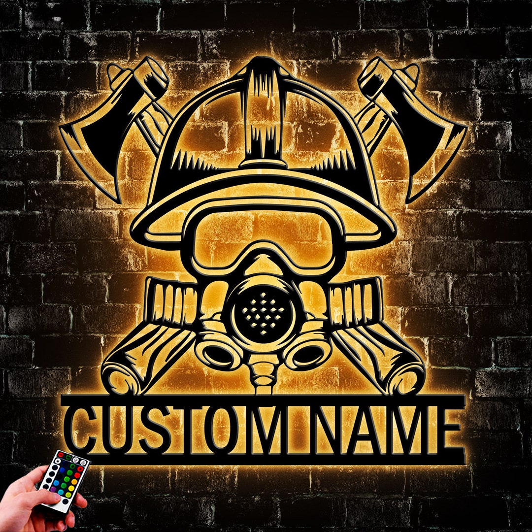 Custom Firefighter Helmet Metal Wall Art Led Light, Personalized ...