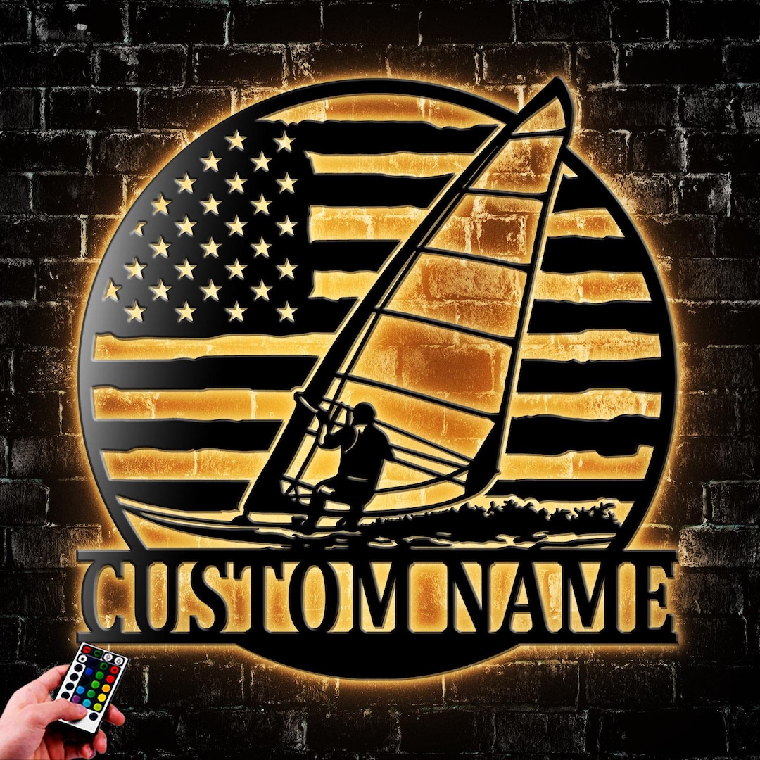 Personalized US Windsurfing Metal Wall Art LED Light, Windsurfer Name ...
