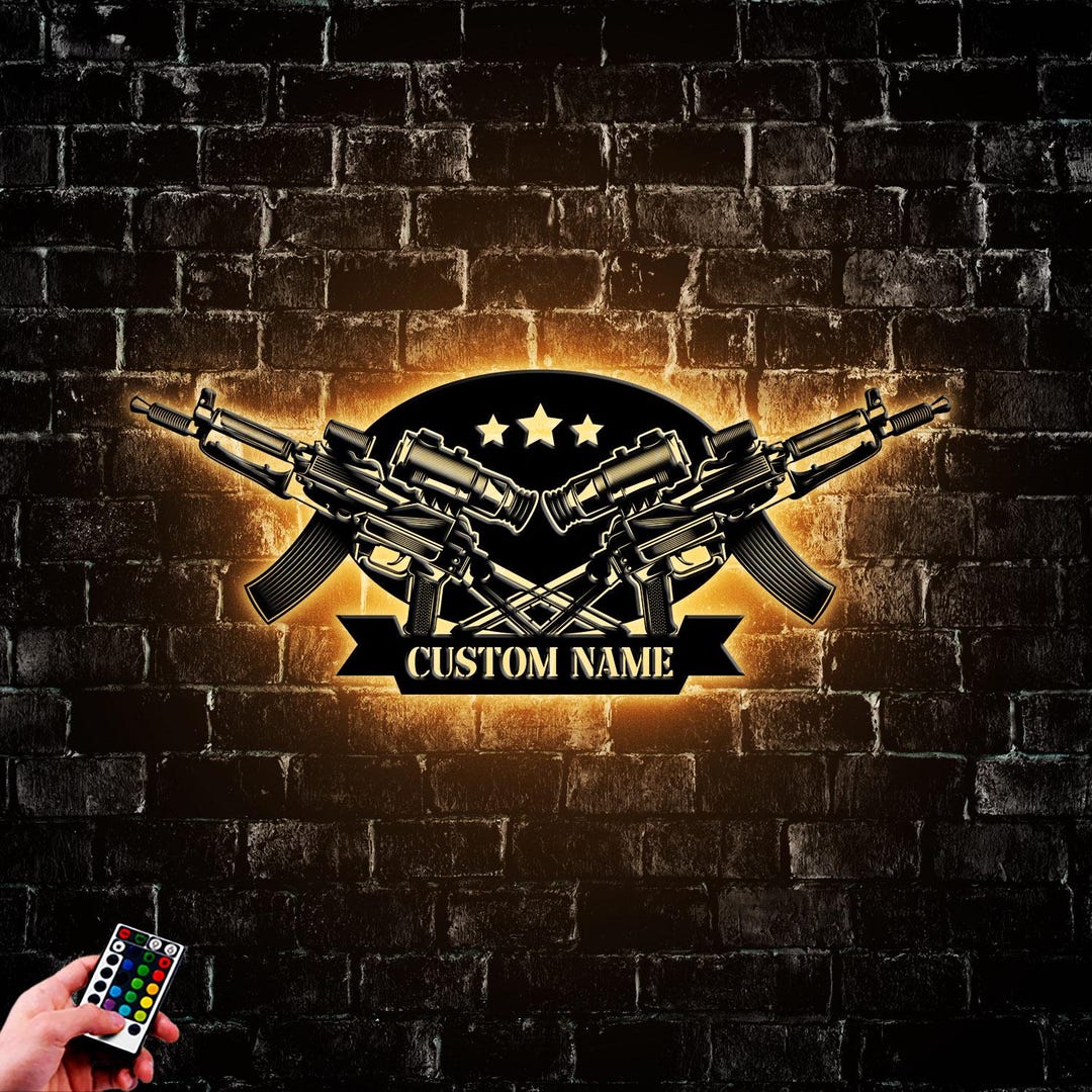 Custom Gun Metal Wall Art LED Light, Personalized Gunlover Name Sign ...