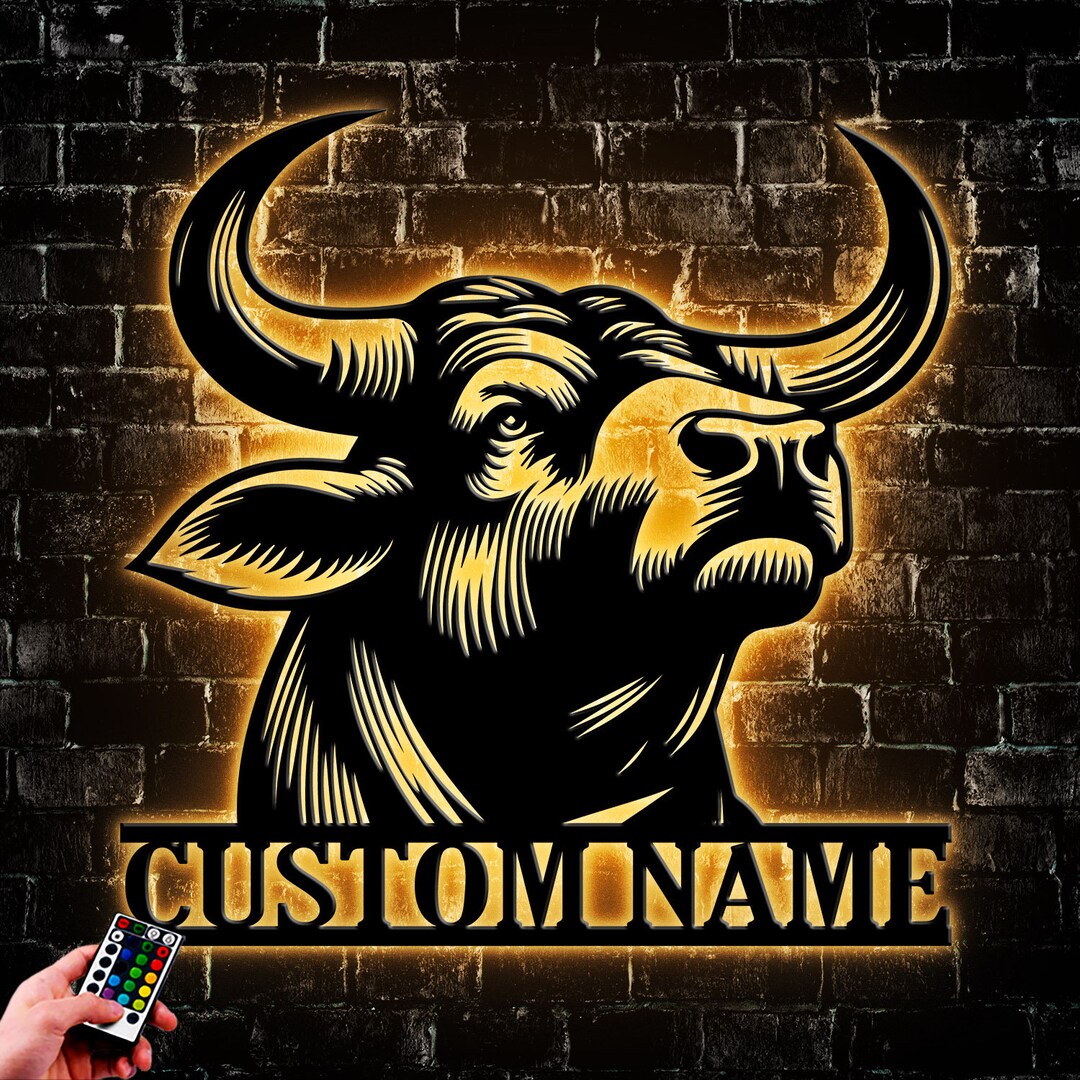 Custom Head Bull Metal Wall Art Led Light, Personalized Cowherd Name ...