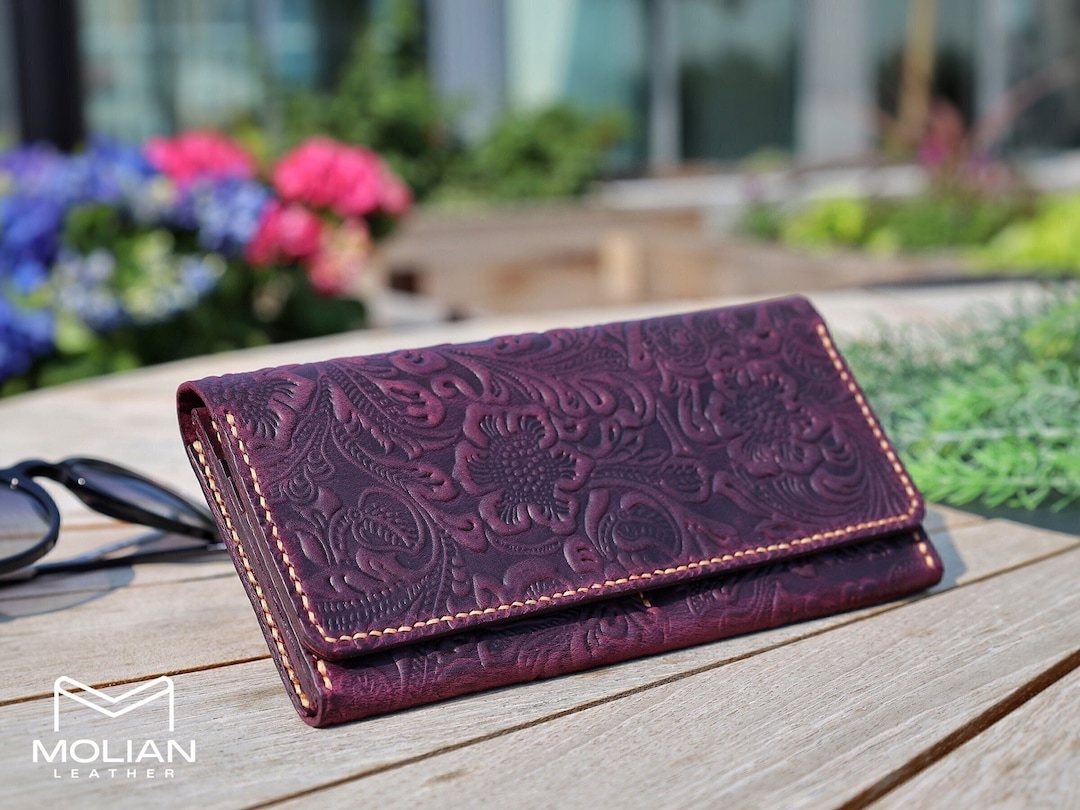 Leather Long Wallet, Women Wallets, Purple Wallet, Leather Carved ...