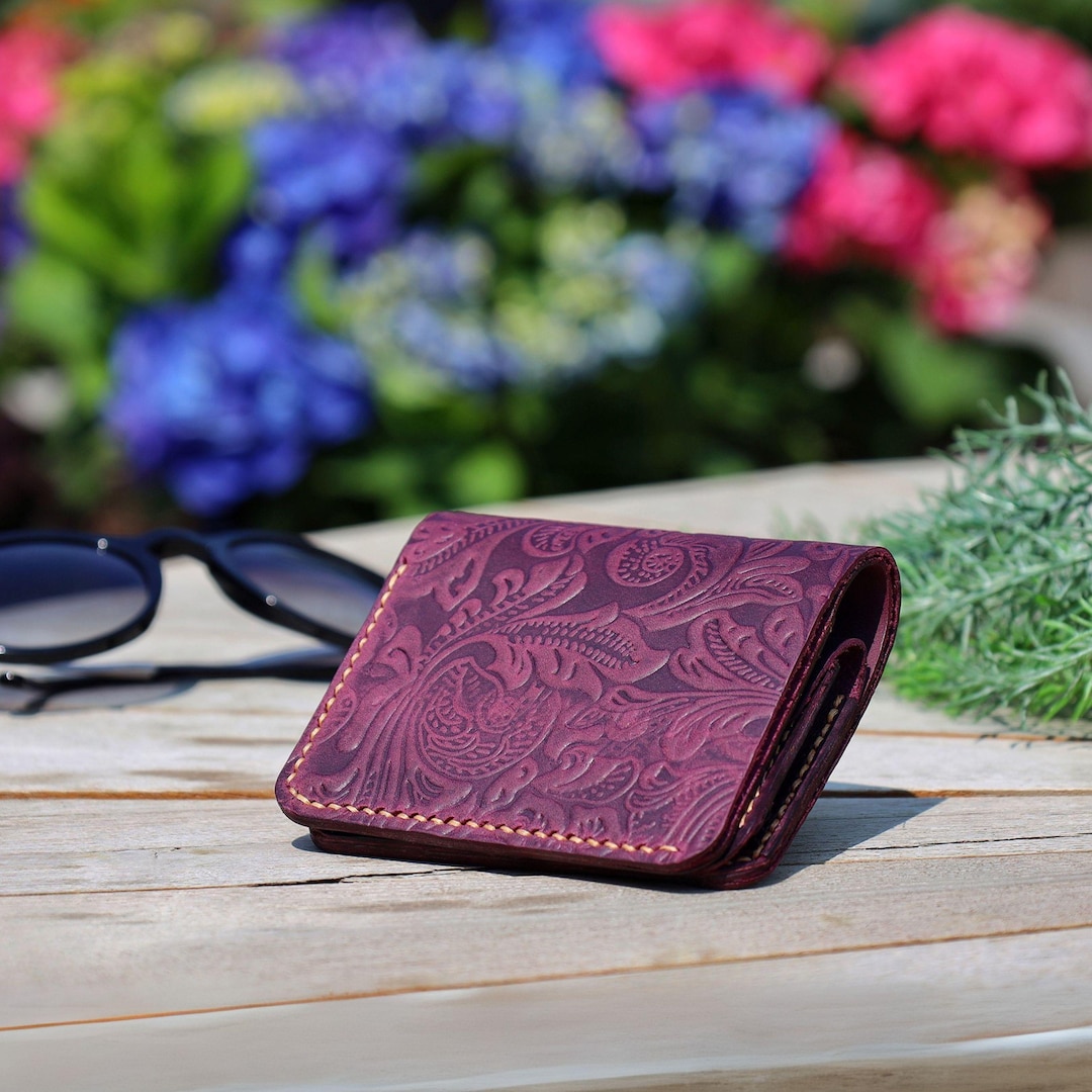 Carved Leather Wallet, Women Wallets, Purple Wallet, Handmade ...