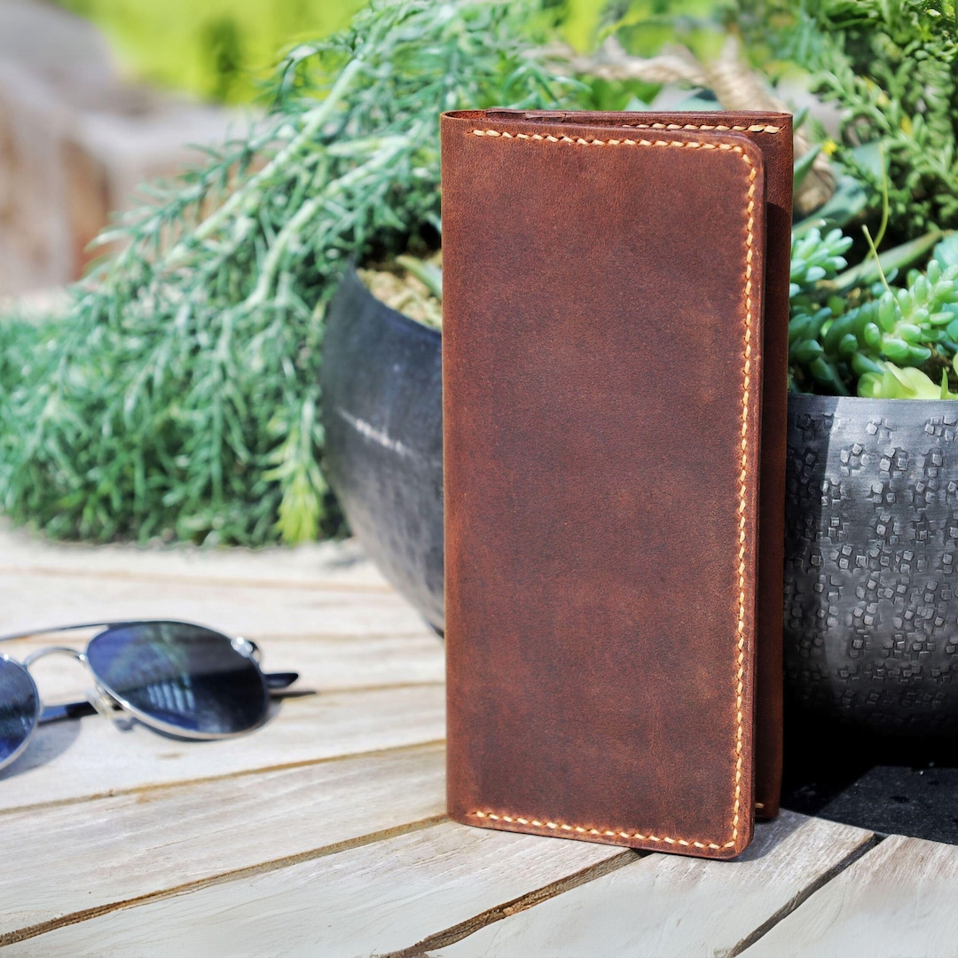 Handmade Leather Long Wallet – Slim Bifold Wallet for Men, Brown ...