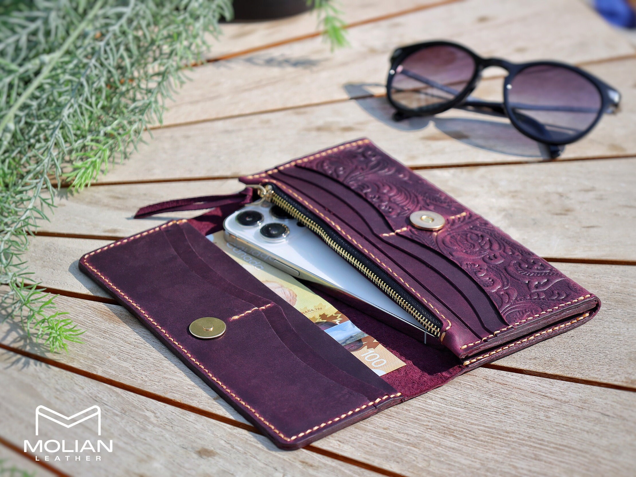 Leather Long Wallet, Women Wallets, Purple Wallet, Leather Carved ...