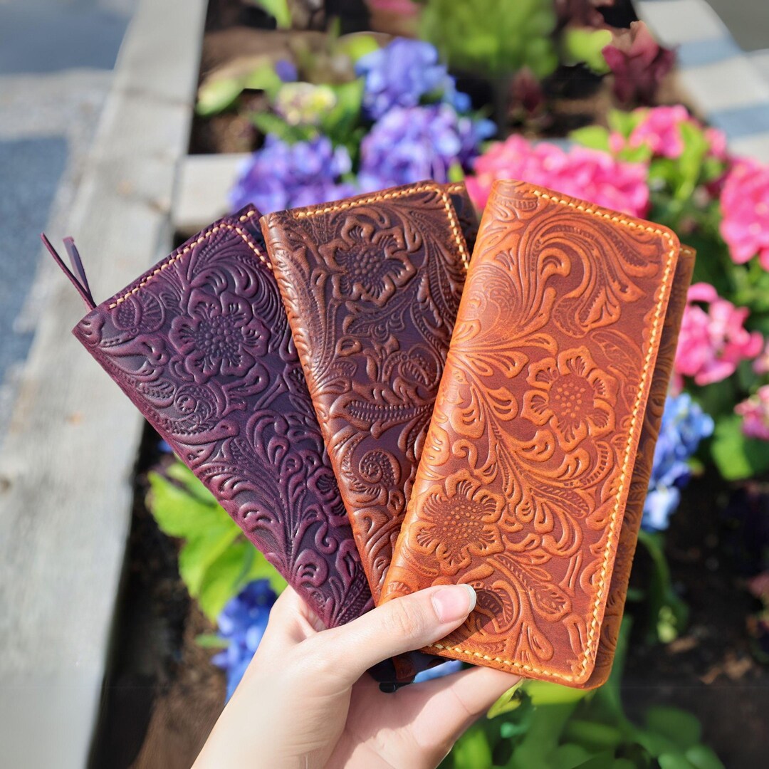 Handmade Purple Leather Long Wallet for Women – Carved Wallet, Boho ...