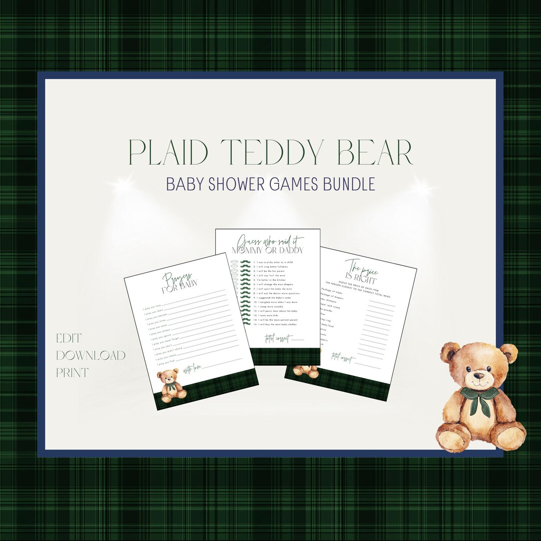 Plaid Teddy Bear Baby Shower Games Bundle - Etsy
