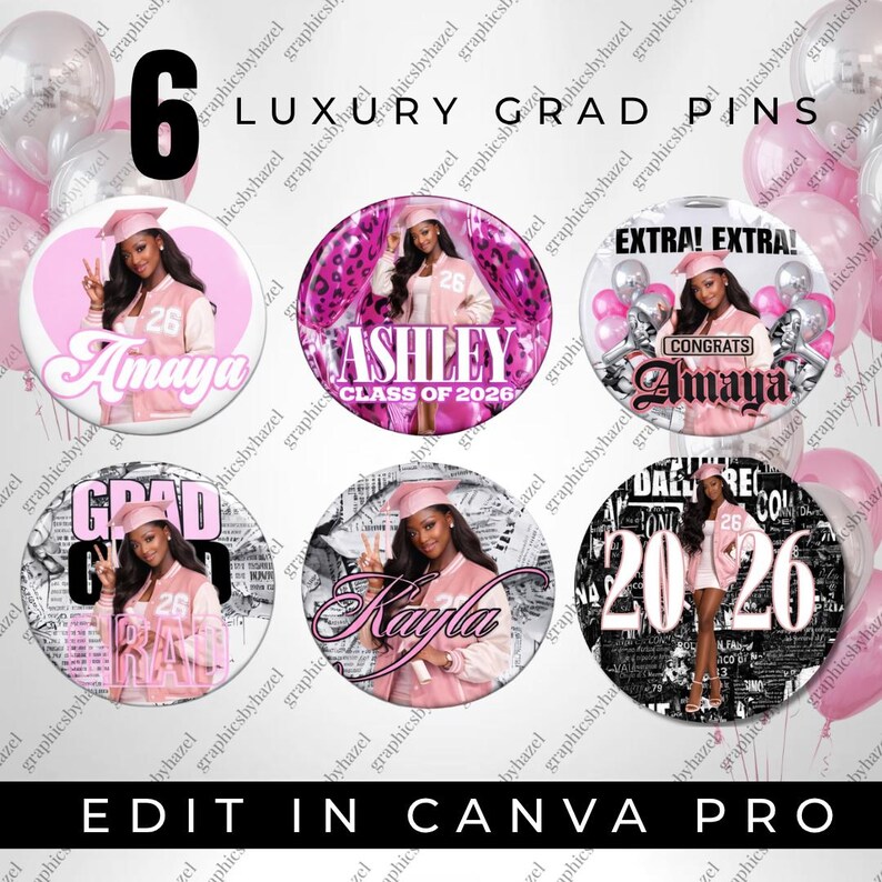 Luxury Grad Pins Template Bundle | Class of 2026 Button Designs ...