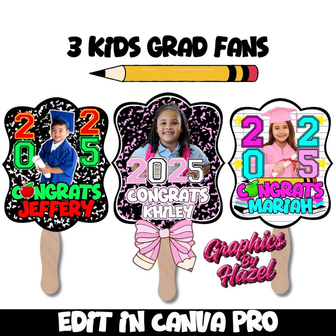 3 Editable Kids Graduation Fans, Kinder Grad Templates, Canva Templates ...