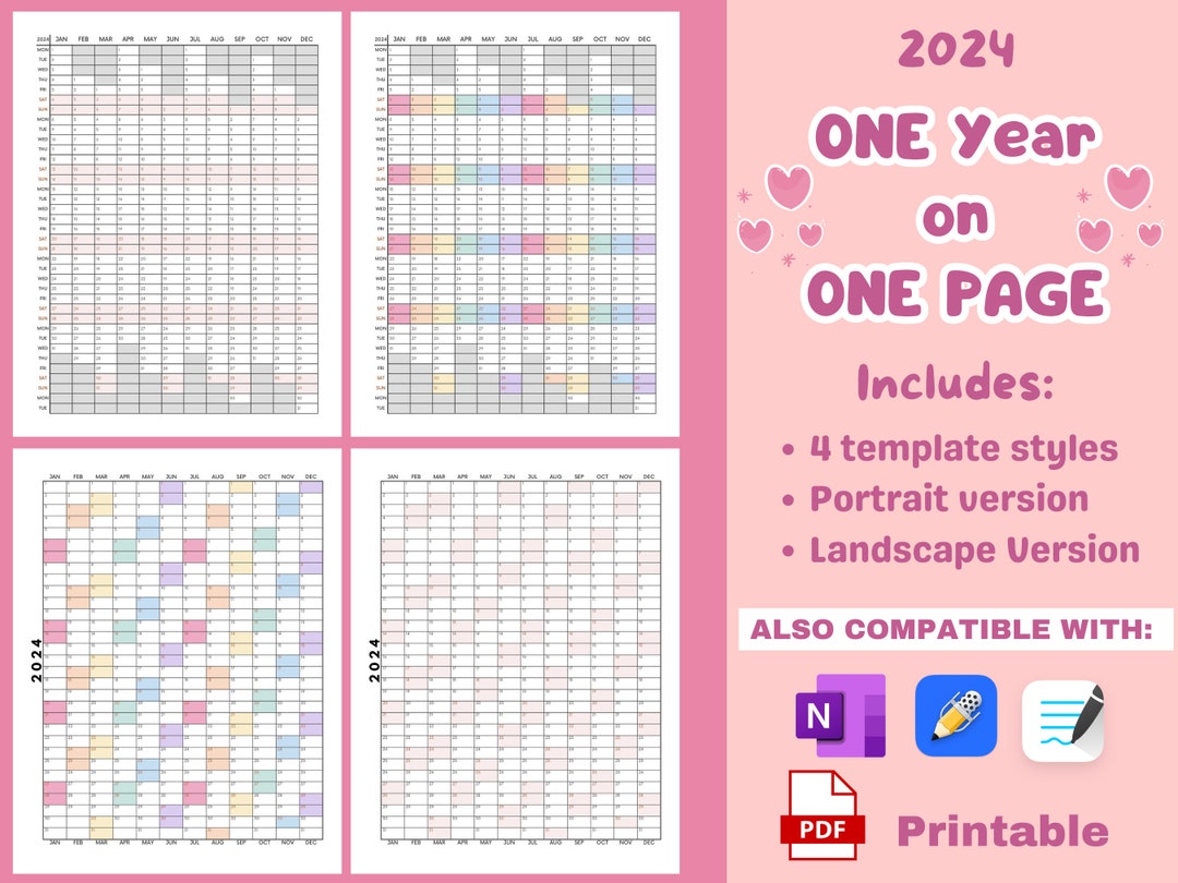 Printable 2024 Yearly Calendar Annual Planner Template BUNDLE Year at a ...