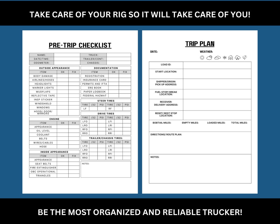 Printable Trucking Pre-trip Checklist and Trip Planning Sheet for Truck ...