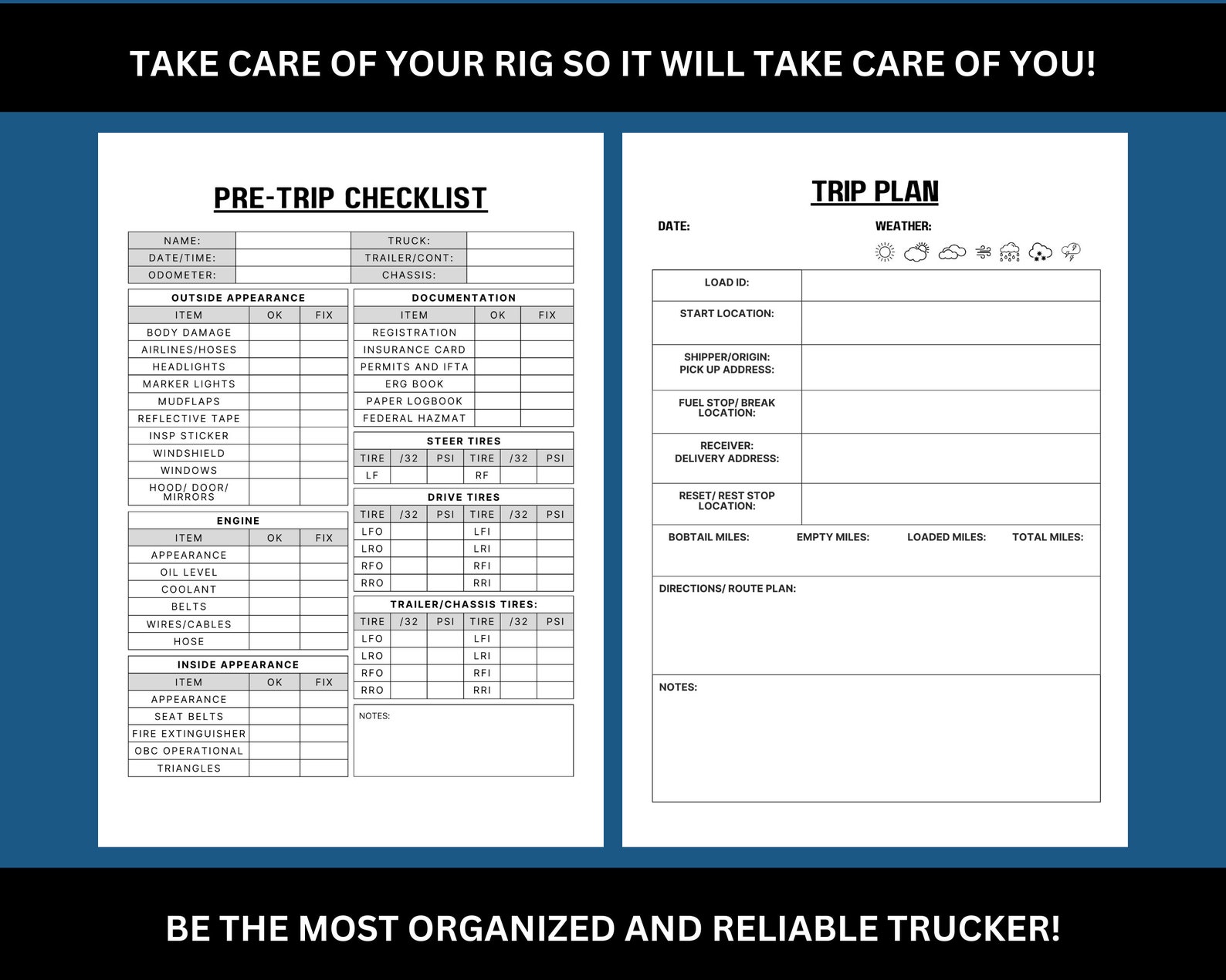 Printable Trucking Pre-trip Checklist and Trip Planning Sheet for Truck ...